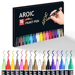 AROIC Paint Pens Paint Markers, 16 colors Oil-Based Waterproof Paint Marker Pen Set On Rock, Wood, Fabric, Metal, Plastic, Glass, Canvas, Mugs, Waterproof, DIY Craft and More