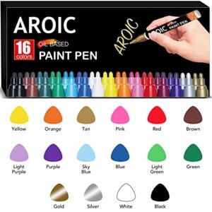 AROIC Paint Pens Paint Markers, 16 colors Oil-Based Waterproof Paint Marker Pen Set On Rock, Wood, Fabric, Metal, Plastic, Glass, Canvas, Mugs, Waterproof, DIY Craft and More