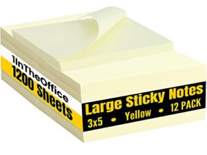 1intheoffice large sticky notes 3x5, self-stick note pads, sticky notes 3x5, , yellow, 100-sheet, 12/pack