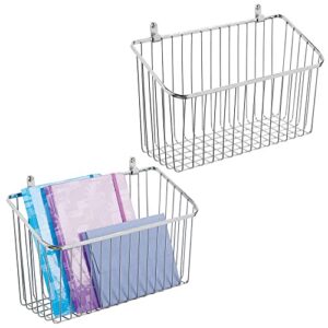 mdesign small metal wire wall mounted storage organizer basket bin for hanging in kitchen, garage, entryway, mudroom, bedroom, bathroom, laundry room - unity collection - 2 pack - chrome