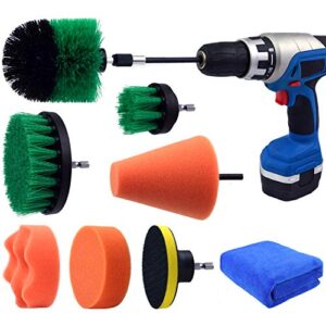 multipurpose drill brush scrubber cleaning set for car wheels, car seats, car carpet medium stiff brushes, car wave polishing sponge, wheels tiles hubs care power cone buffing sponge, 9pcs/set