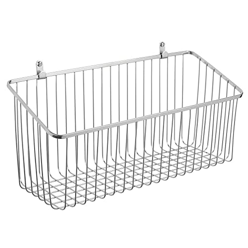 mDesign Portable Metal Farmhouse Wall Decor Angled Storage Organizer Basket Bin for Hanging in Entryway, Mudroom, Bedroom, Bathroom, Laundry Room - Wall Mount Hooks Included, Large - Chrome