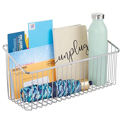 mDesign Portable Metal Farmhouse Wall Decor Angled Storage Organizer Basket Bin for Hanging in Entryway, Mudroom, Bedroom, Bathroom, Laundry Room - Wall Mount Hooks Included, Large - Chrome