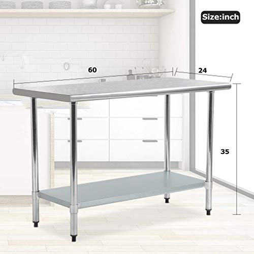 24 x 60 Inch Stainless Steel Work Table Kitchen Work Table Scratch Resistent Commercial Work Table Metal Table with Adjustable Table Foot for Kitchen Home Restaurant