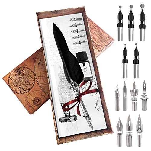 Trustela Feather Quill Pen Set - Calligraphy Dip Pen Set Includes Big Feather Pen With 18 Calligraphy Nibs And Pen Holder In A Gift Box For Writing And Antique Desk Decor (BlackFeather)