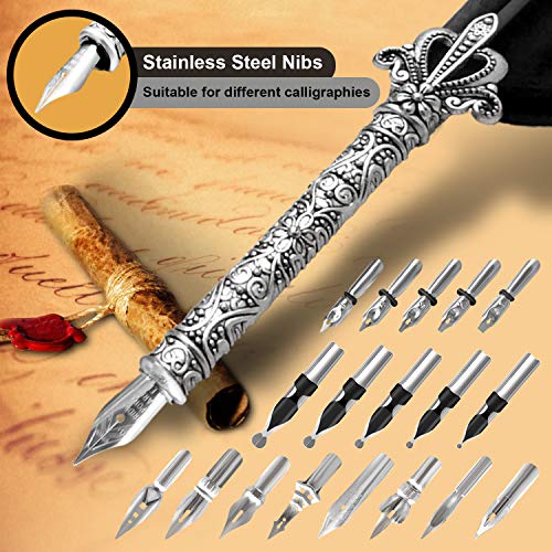 Trustela Feather Quill Pen Set - Calligraphy Dip Pen Set Includes Big Feather Pen With 18 Calligraphy Nibs And Pen Holder In A Gift Box For Writing And Antique Desk Decor (BlackFeather)