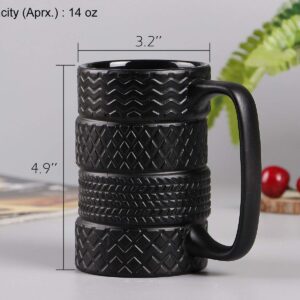 VanEnjoy 3D Cool Black Tyre Tire Shaped Frosted Ceramic Mug Large Coffee Tea Cup Unique Gifts Car Fans 14 oz(400ml)