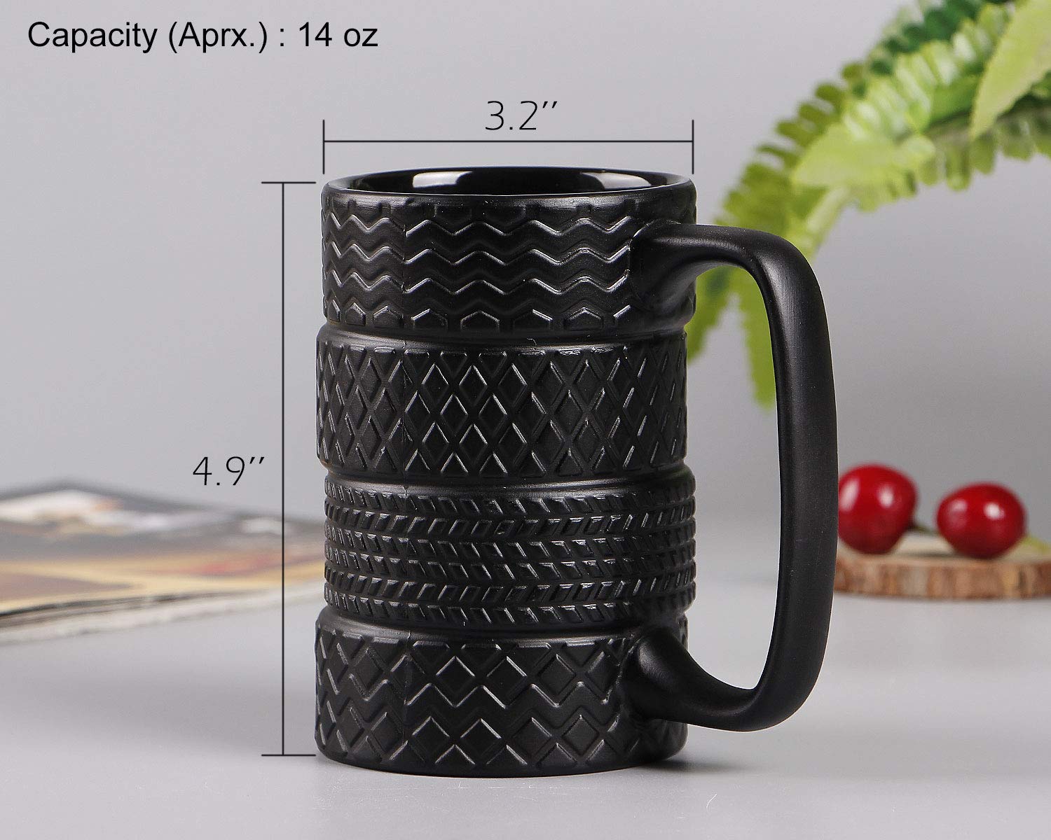 VanEnjoy 3D Cool Black Tyre Tire Shaped Frosted Ceramic Mug Large Coffee Tea Cup Unique Gifts Car Fans 14 oz(400ml)