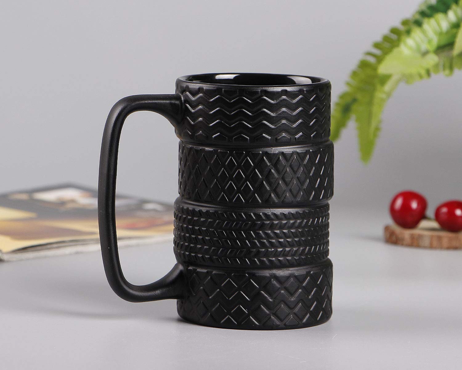 VanEnjoy 3D Cool Black Tyre Tire Shaped Frosted Ceramic Mug Large Coffee Tea Cup Unique Gifts Car Fans 14 oz(400ml)