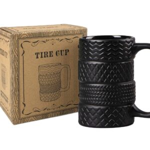 VanEnjoy 3D Cool Black Tyre Tire Shaped Frosted Ceramic Mug Large Coffee Tea Cup Unique Gifts Car Fans 14 oz(400ml)