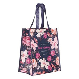 Christian Art Gifts Reusable Shopping Tote Bag | Love Mercy Peach Floral Micah 6:8 Bible Verse | Inspirational Durable Navy Blue Tote Bag for Groceries, Books, Supplies