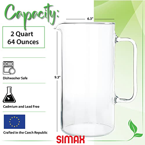 Simax Glass Pitcher, 64 Oz (2 Quart) Borosilicate Glass Water Pitchers, Hot and Cold Safe Sangria Pitchers, for Beverage, Iced Tea, Lemonade & Juice