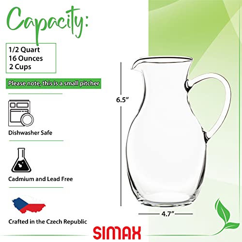 Simax SMALL Glass Pitcher 16 Oz: Borosilicate Glass Pitchers With Handle - Montessori Pitcher For Kids - Mini Pitcher - Small Water Pitcher For Orange Juice, Milk & Tea - Pint Small Pitcher -1/2 Quart