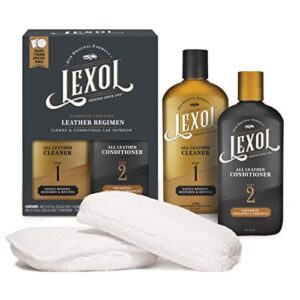 lexol leather conditioner and leather cleaner kit, use on car leather, furniture, shoes, bags, and accessories, trusted leather care since 1933, 8 oz bottles, includes two application sponges, black.