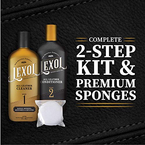 Lexol Leather Conditioner and Leather Cleaner Kit, Use on Car Leather, Furniture, Shoes, Bags, and Accessories, Trusted Leather Care Since 1933, 8 oz Bottles, Includes Two Application Sponges, Black.