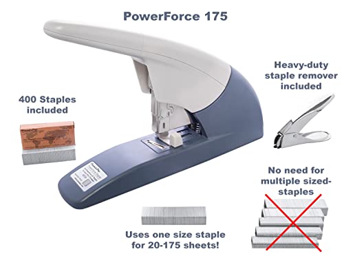 PraxxisPro PowerForce 175 Heavy Duty Flat Clinch Stapler, 20 to 175 Sheets Using one Size 3/4" Leg-Length Staple. for Home and Business. Includes 400 Staples and a Staple Remover.