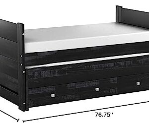 Bedz King All in One Twin Bed with Twin Trundle and 3 Built in Drawers, Weathered Black