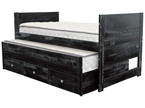 Bedz King All in One Twin Bed with Twin Trundle and 3 Built in Drawers, Weathered Black