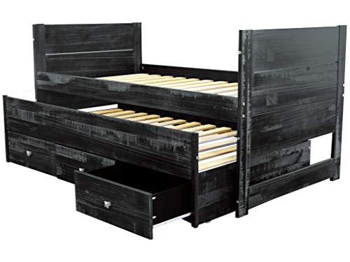 Bedz King All in One Twin Bed with Twin Trundle and 3 Built in Drawers, Weathered Black