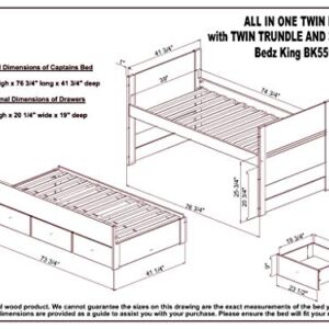 Bedz King All in One Twin Bed with Twin Trundle and 3 Built in Drawers, Weathered Black