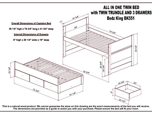 Bedz King All in One Twin Bed with Twin Trundle and 3 Built in Drawers, Weathered Black