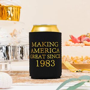 Crisky 40th Birthday Beer Sleeve, 40th Birthday Can Cooler Insulated Covers, 40th Birthday Decorations Black Gold Making Great Since 1983, Neoprene Coolers for Soda, Beer, Can Beverage, 24 Pcs