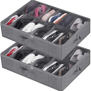 Under Bed Shoe Storage Organizer,Closet Shoes Storage Boxes Bin Container (2 Pack Fits 24 Pairs) with Clear Cover and Reinforced Handle for Sneakers,Clothes, Toys, Gray with Printing