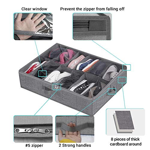 Under Bed Shoe Storage Organizer,Closet Shoes Storage Boxes Bin Container (2 Pack Fits 24 Pairs) with Clear Cover and Reinforced Handle for Sneakers,Clothes, Toys, Gray with Printing