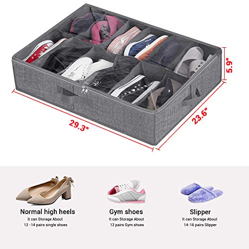 Under Bed Shoe Storage Organizer,Closet Shoes Storage Boxes Bin Container (2 Pack Fits 24 Pairs) with Clear Cover and Reinforced Handle for Sneakers,Clothes, Toys, Gray with Printing