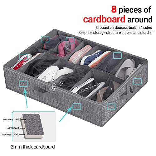 Under Bed Shoe Storage Organizer,Closet Shoes Storage Boxes Bin Container (2 Pack Fits 24 Pairs) with Clear Cover and Reinforced Handle for Sneakers,Clothes, Toys, Gray with Printing