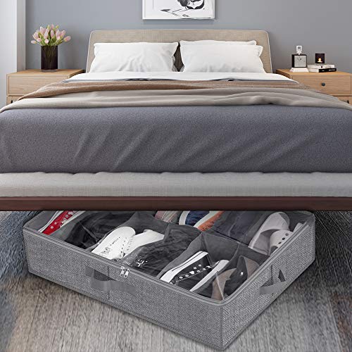 Under Bed Shoe Storage Organizer,Closet Shoes Storage Boxes Bin Container (2 Pack Fits 24 Pairs) with Clear Cover and Reinforced Handle for Sneakers,Clothes, Toys, Gray with Printing