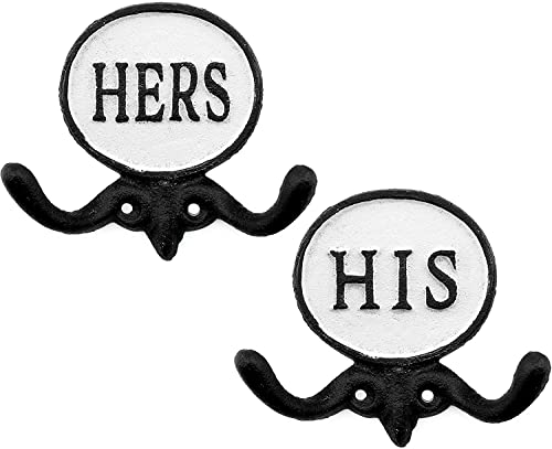 AuldHome His and Hers Towel Hooks (Set of 2); Cast Iron Rustic Farmhouse Decor Door Wall Hangers