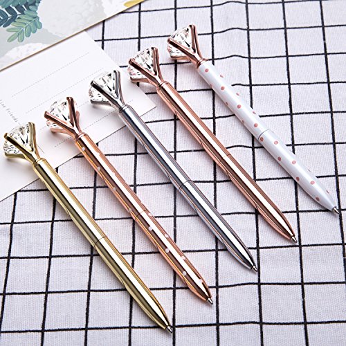 5 PCS Big Crystal Diamond Ballpoint Pen,HBlife Metal Ballpoint Pen Office Supplies，Gold Pens with 5 Ballpoint Pen Refills, 1 Black Velvet Bag, Black Ink