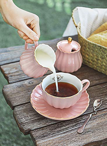 Amazingware Royal Tea Cups and Saucers, with Gold Trim and Gift Box, British Coffee Cups, Porcelain Tea Set, Set of 6 (8 oz)- Pink