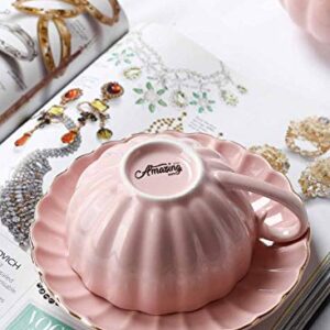 Amazingware Royal Tea Cups and Saucers, with Gold Trim and Gift Box, British Coffee Cups, Porcelain Tea Set, Set of 6 (8 oz)- Pink