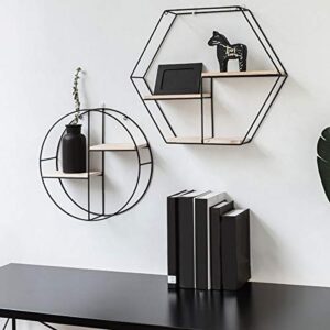 Prime Leader Wall Mounted 2 Tier Regular Hexagon Metal Display Organizer Rack Holder Floating Shelves for Bedroom Living Room Kitchen Office（Black, 18.8" x 16.5"）