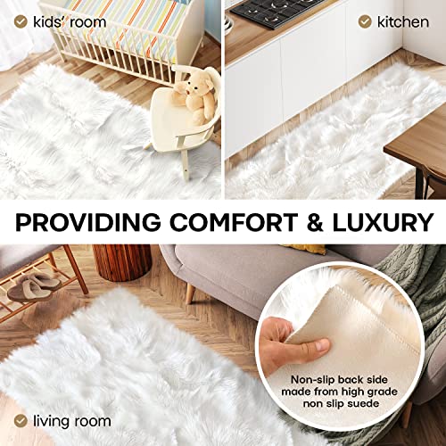 Premium Faux Sheepskin Fur Rug White - Large White Shag Rug - Best Extra Long Shag Pile Carpet for Bedroom Floor Sofa - Soft Fur Area Rug (2.3x5, White)