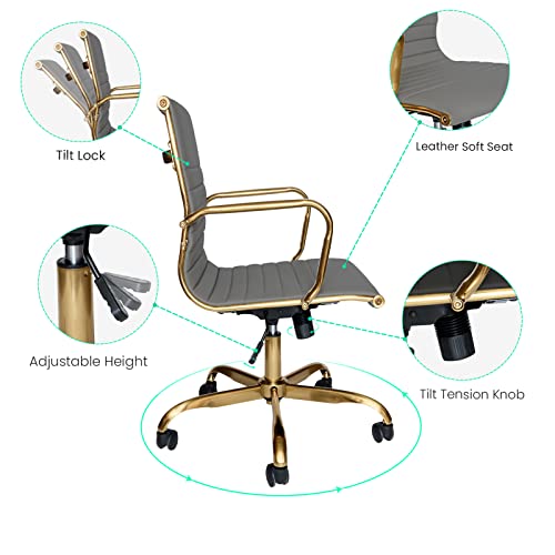 LeisureMod Harris Modern Adjustable Executive Swivel Leatherette Task Gold Office Chair (Grey)