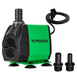 vivosun 800gph submersible pump(3000l/h, 24w), ultra quiet water pump with 10ft. high lift, fountain pump with 6.5ft. power cord, 3 nozzles for fish tank, pond, aquarium, statuary, hydroponics