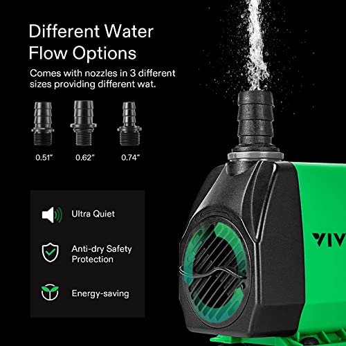 VIVOSUN 800GPH Submersible Pump(3000L/H, 24W), Ultra Quiet Water Pump with 10ft. High Lift, Fountain Pump with 6.5ft. Power Cord, 3 Nozzles for Fish Tank, Pond, Aquarium, Statuary, Hydroponics