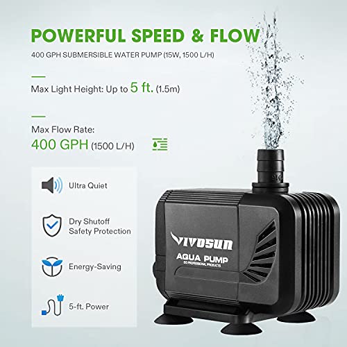 VIVOSUN 400GPH Submersible Pump(1500L/H, 15W), Ultra Quiet Water Pump with 5.3ft High Lift, Fountain Pump with 5ft Power Cord, 2 Nozzles for Fish Tank, Pond, Aquarium, Statuary, Hydroponics