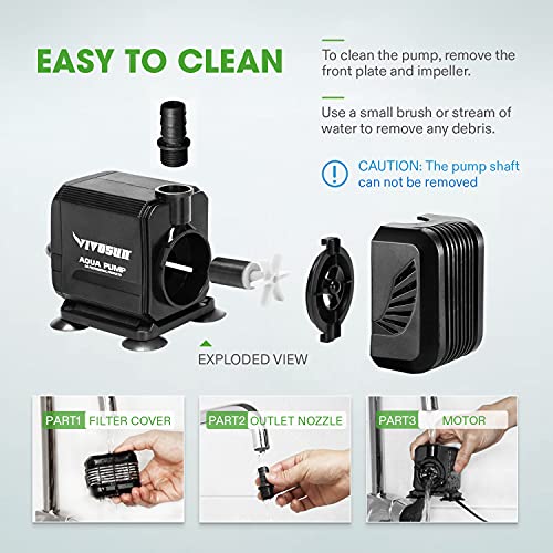 VIVOSUN 400GPH Submersible Pump(1500L/H, 15W), Ultra Quiet Water Pump with 5.3ft High Lift, Fountain Pump with 5ft Power Cord, 2 Nozzles for Fish Tank, Pond, Aquarium, Statuary, Hydroponics