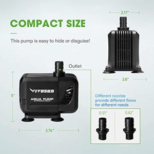 VIVOSUN 400GPH Submersible Pump(1500L/H, 15W), Ultra Quiet Water Pump with 5.3ft High Lift, Fountain Pump with 5ft Power Cord, 2 Nozzles for Fish Tank, Pond, Aquarium, Statuary, Hydroponics