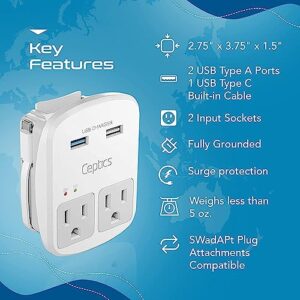 Ceptics Safest Travel Adapter Kit, Dual USB for iPhone, Chargers, Cell Phones, Laptop Perfect for Travelers - 3.6A with Qc. 3.0 Charge Faster