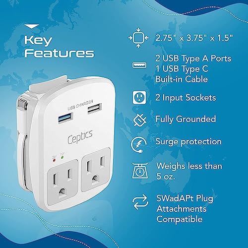 Ceptics Safest Travel Adapter Kit, Dual USB for iPhone, Chargers, Cell Phones, Laptop Perfect for Travelers - 3.6A with Qc. 3.0 Charge Faster