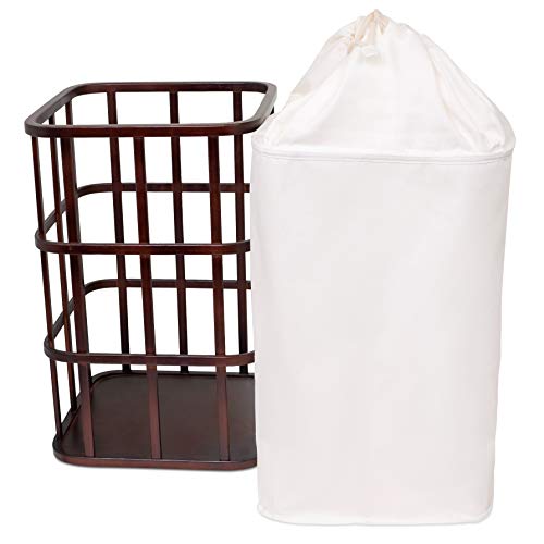 BirdRock Home Modern Square Laundry Hamper and Removable Laundry Bag - Dark Brown Bamboo - Easily Transport Laundry - Baby Dirty Clothes Bin Sorter Basket - Laundry Bag with Draw String