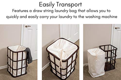 BirdRock Home Modern Square Laundry Hamper and Removable Laundry Bag - Dark Brown Bamboo - Easily Transport Laundry - Baby Dirty Clothes Bin Sorter Basket - Laundry Bag with Draw String