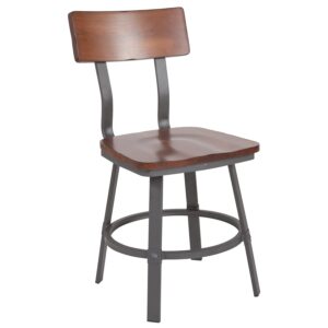 flash furniture flint series rustic walnut restaurant chair with wood seat & back and gray powder coat frame