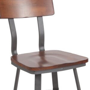 Flash Furniture Flint Series Rustic Walnut Restaurant Chair with Wood Seat & Back and Gray Powder Coat Frame