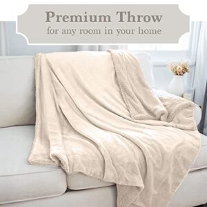 The Connecticut Home Company Throw Blanket, Soft Plush Reversible Velvet and Sherpa, King 108x90, Warm Thick Throws for Bed, Comfy Washable Bedding Accent Blankets for Sofa Couch Chair, Cream